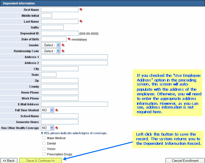 Add Dependent Enrollment Information Screen